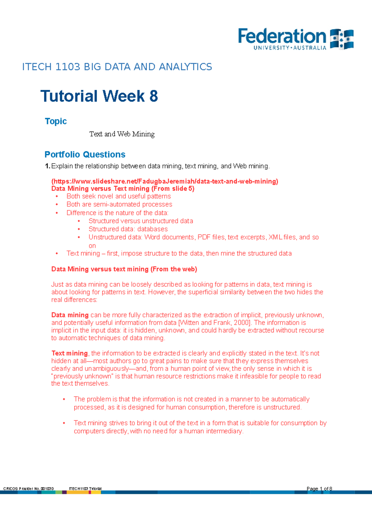 Itech1103 Tutorial 08 Solutions Itech 1103 Big Data And Analytics Tutorial Week 8 Topic Text