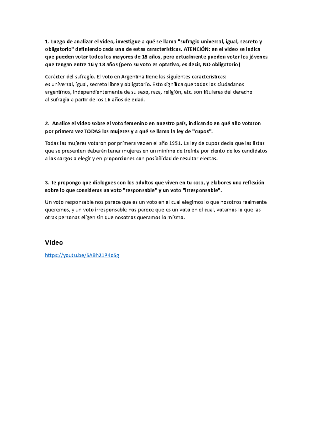 Derecho al voto - Trabajo pedido por Walp FASTA - Luego de analizar el ...