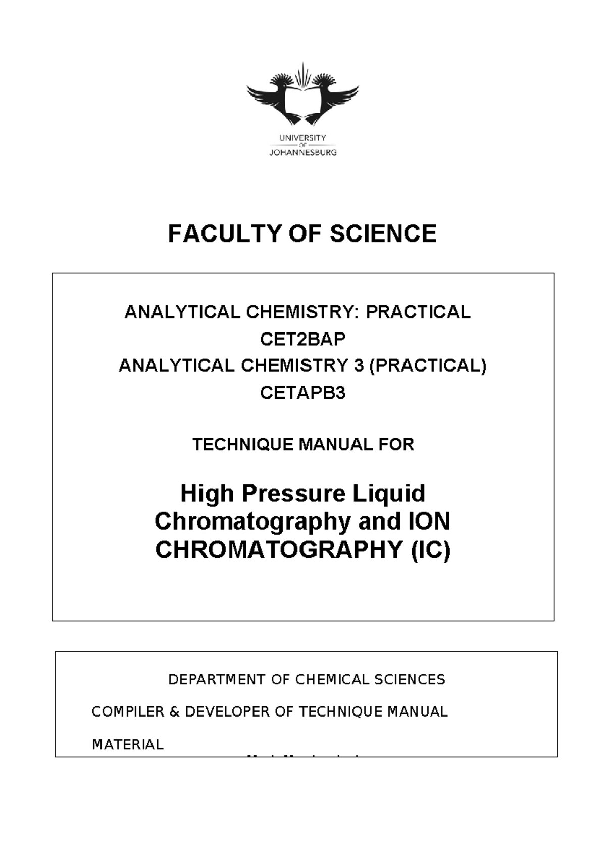HPLC and IC Prac Manual 2024 - FACULTY OF SCIENCE ANALYTICAL CHEMISTRY ...