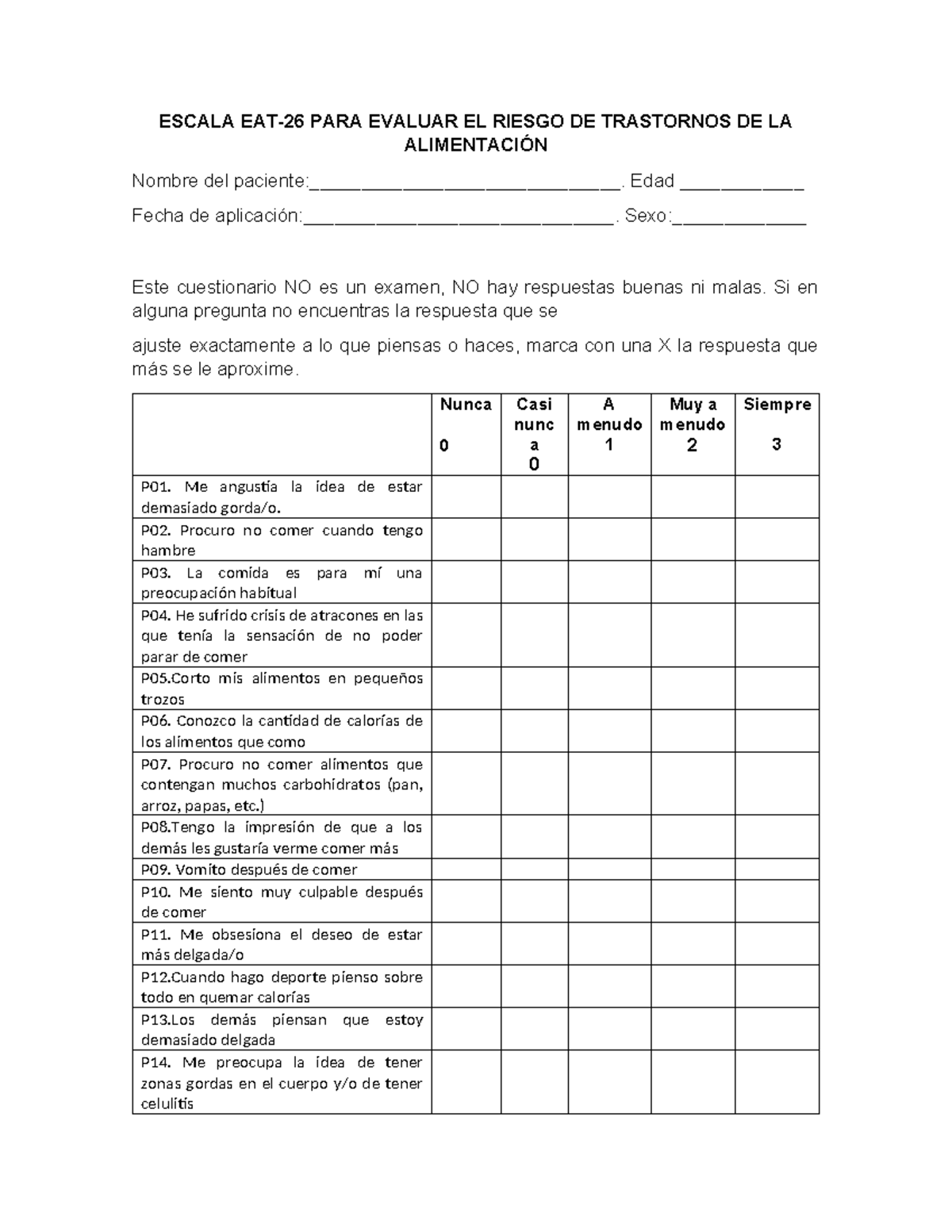 Escala EAT - ESCALA EAT-26 PARA EVALUAR EL RIESGO DE TRASTORNOS DE LA ...