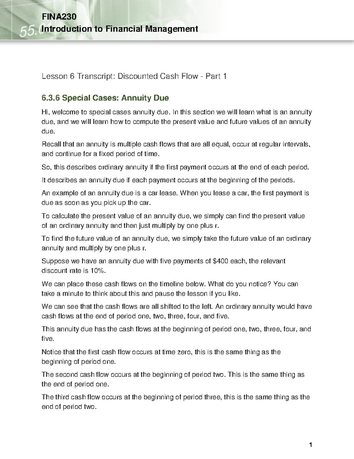FINA230 Lesson 06 03 06 transcript - Introduction to Financial ...