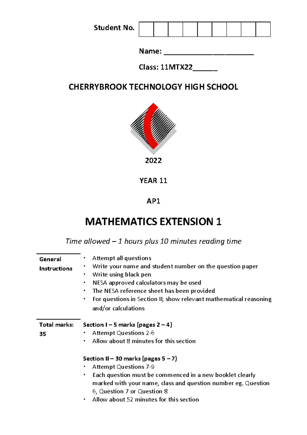 CTHS Maths Extension 1 Year 11 2022 AP1 - Student No. Name ...