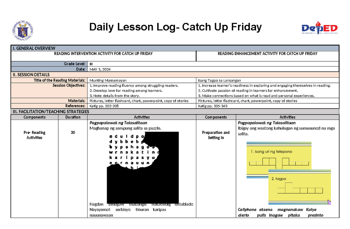 Reading Filipino 3 Q4 W5 - Daily Lesson Log- Catch Up Friday I. GENERAL ...