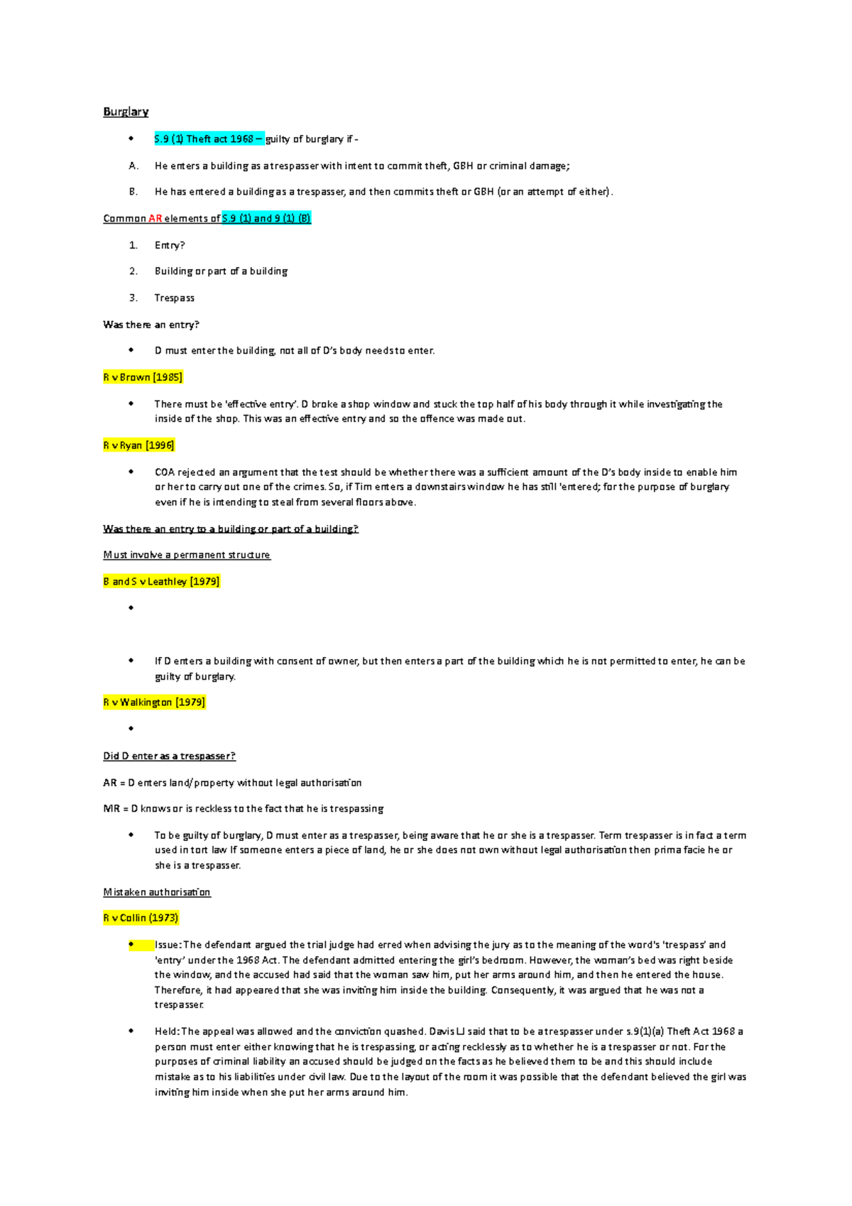 Chapter 10 - Burglary and blackmail - Burglary S (1) Theft act 1968 ...