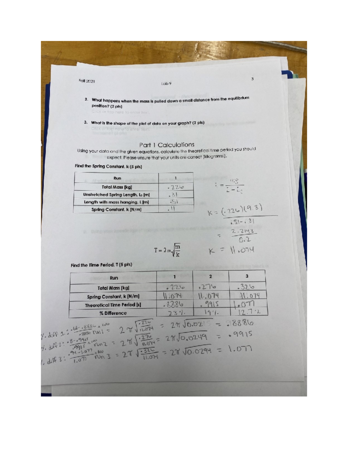 Lab 9 Work Shown - calculations for lab 9 simple harmonic. - Fall 202 ...
