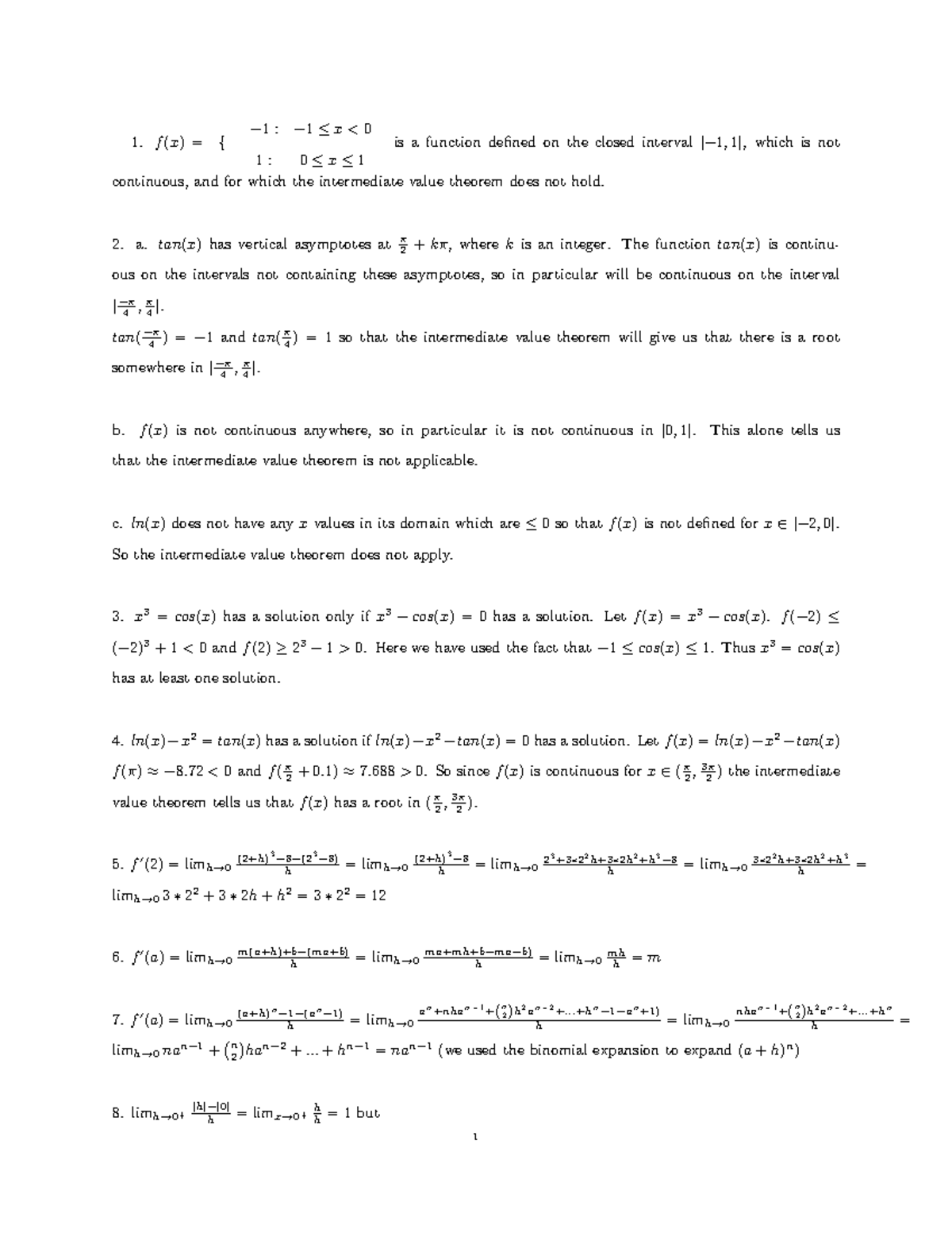 Math 19A Worksheet 2 Solutions - : x 0 1. f (x) is a function defined ...