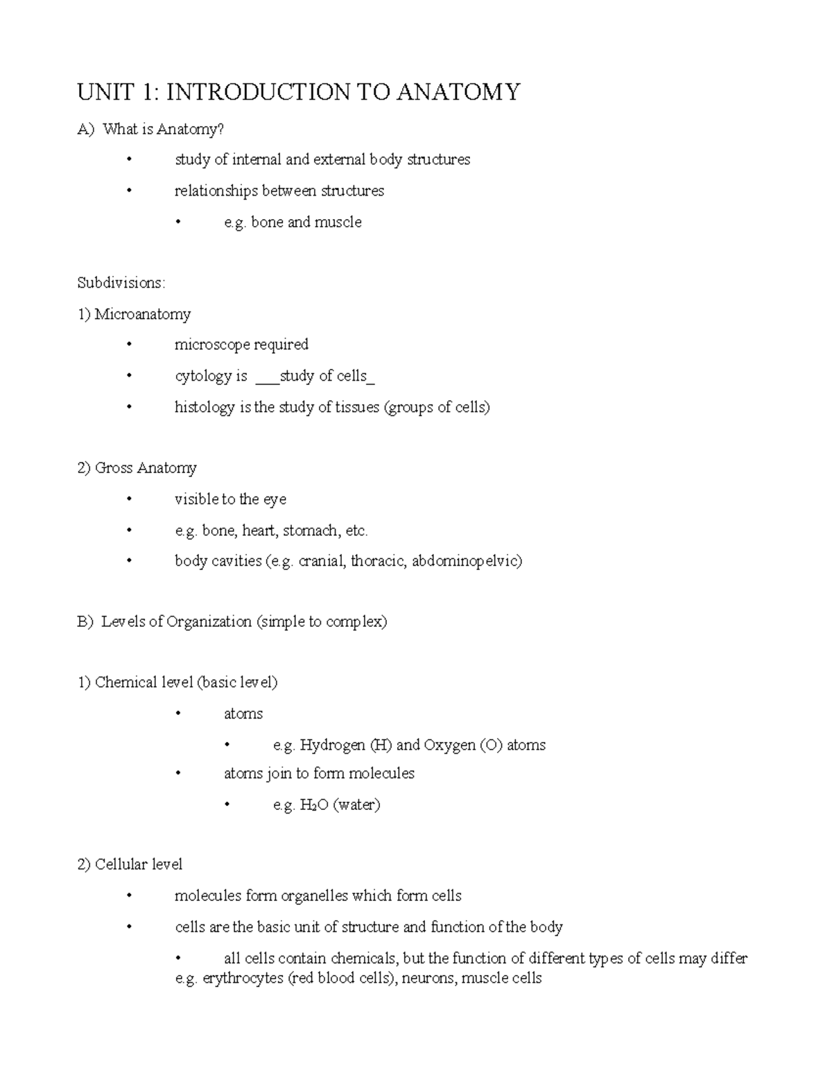 Biology notes - UNIT 1: INTRODUCTION TO ANATOMY A) What is Anatomy ...