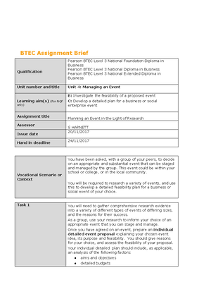 4.3 Assignment Brief - BTEC Assignment Brief Qualification Pearson BTEC ...