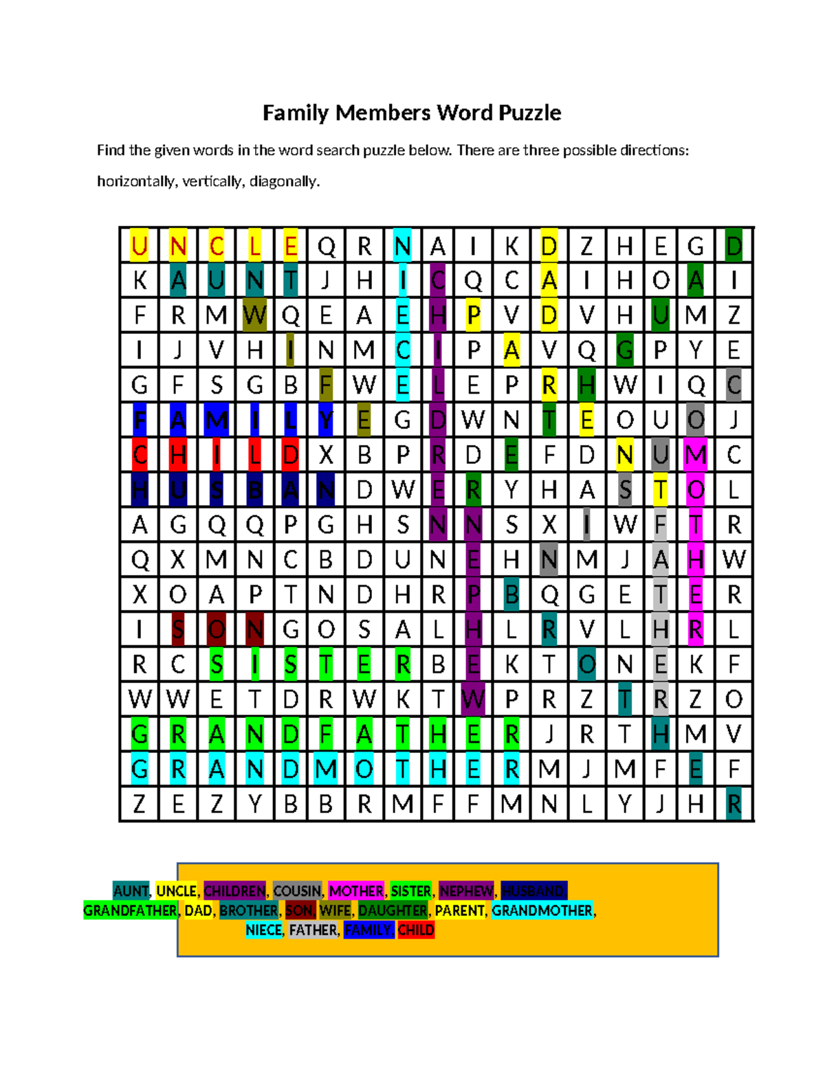 Family members Word puzzle - Family Members Word Puzzle Find the given ...