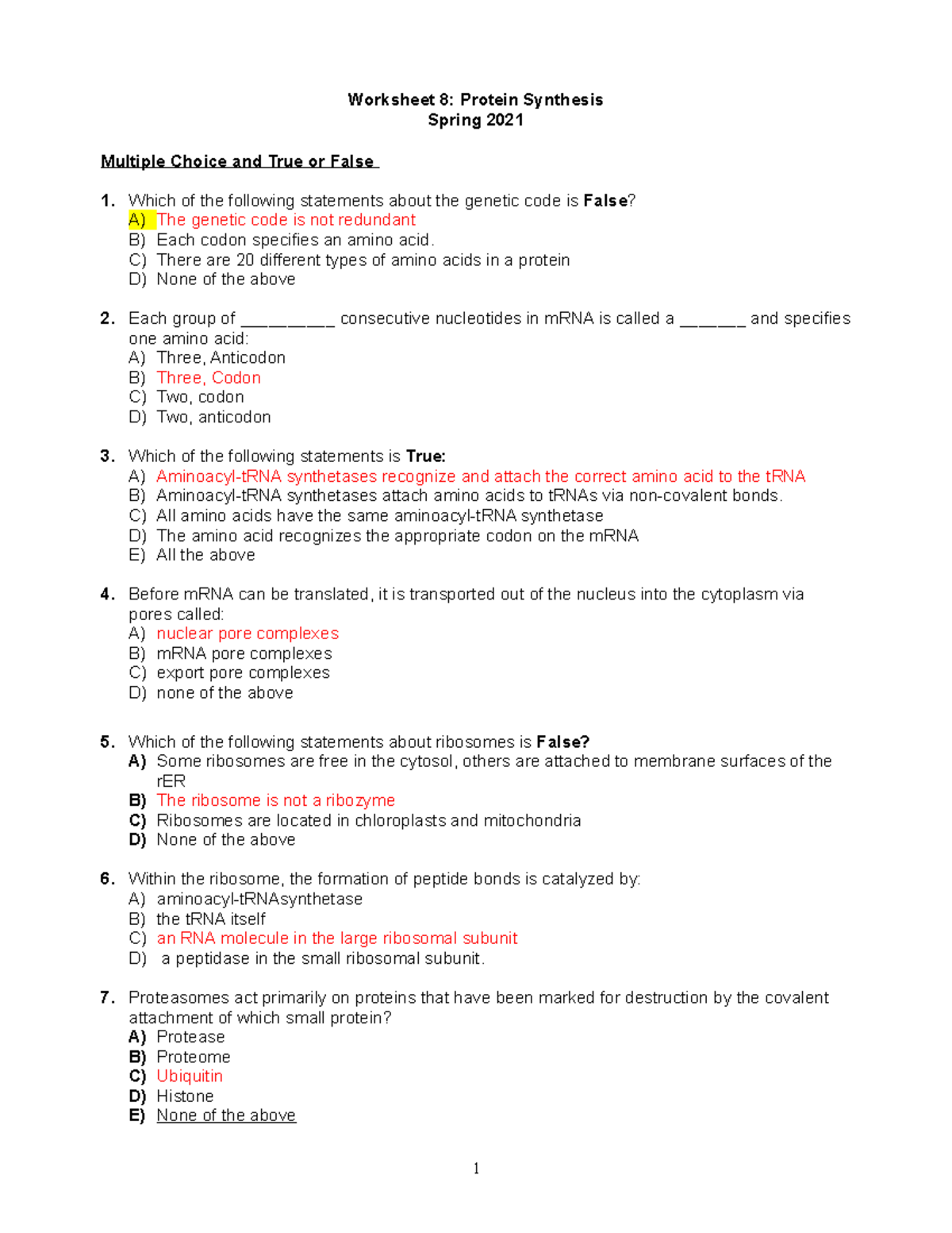 Lecture 8 Worksheet Protein Synthesis KEY Spring 2021 - Worksheet 8 ...