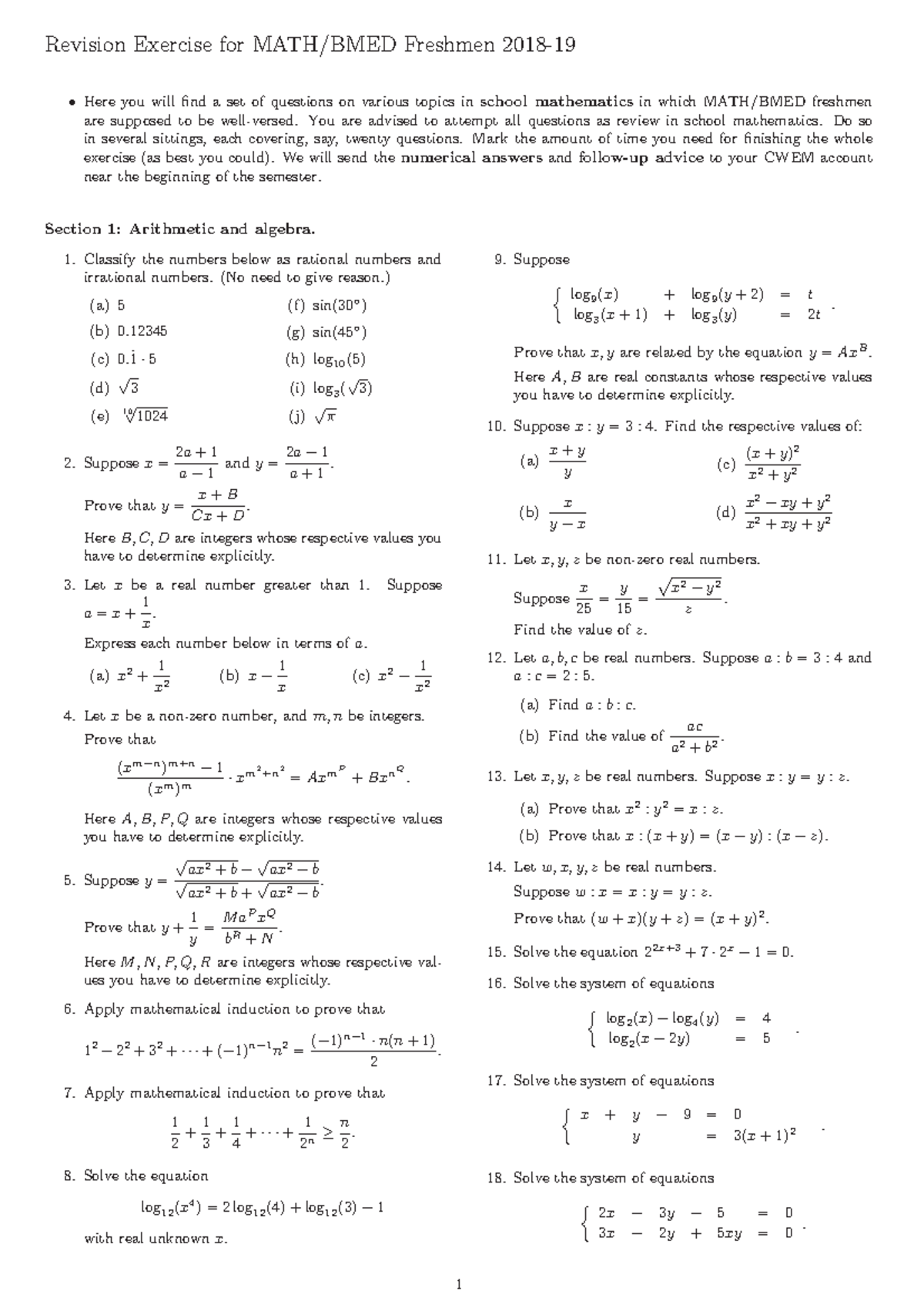2018 math bmed revision - Revision Exercise for MATH/BMED Freshmen 2018 ...