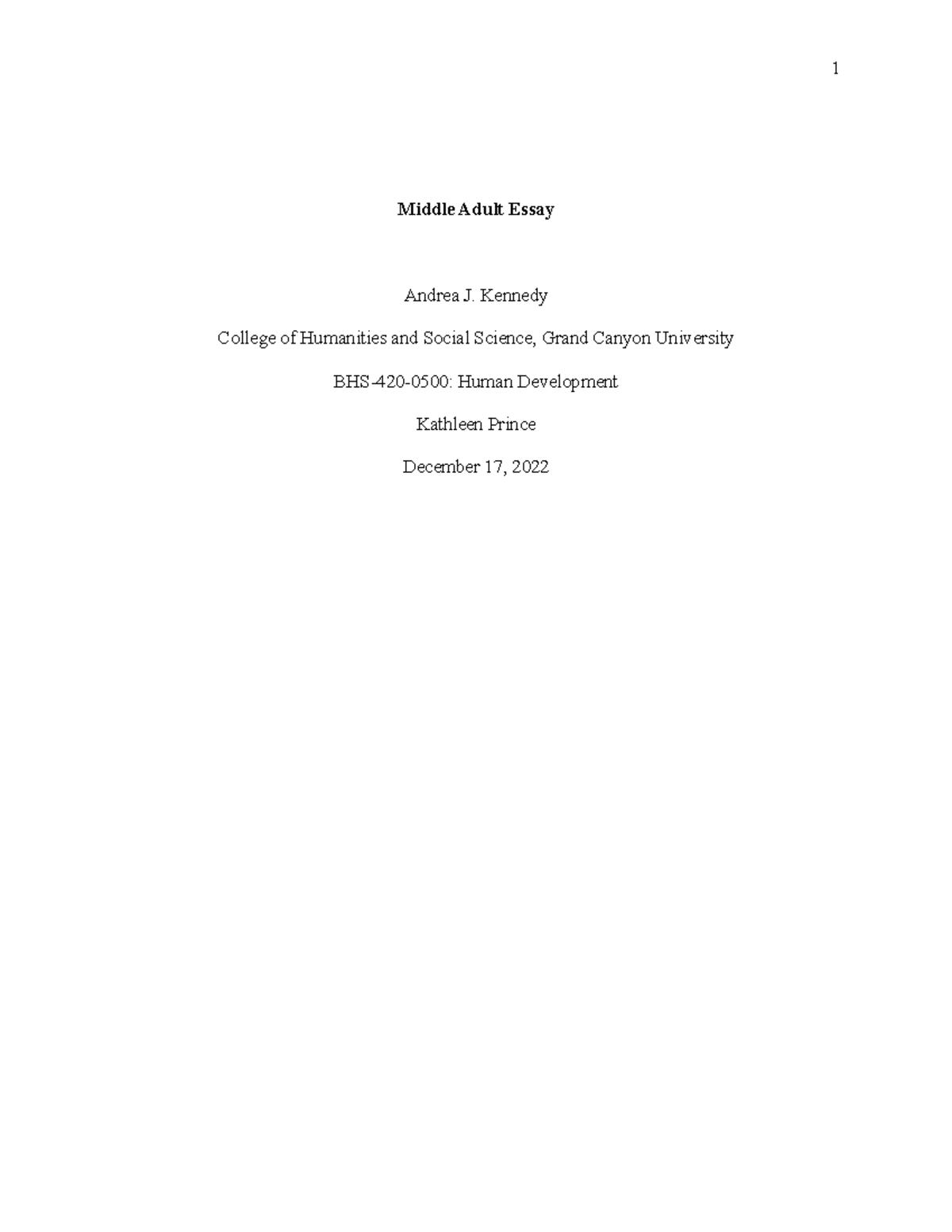 Middle Adult Essay - Paper - Middle Adult Essay Andrea J. Kennedy ...