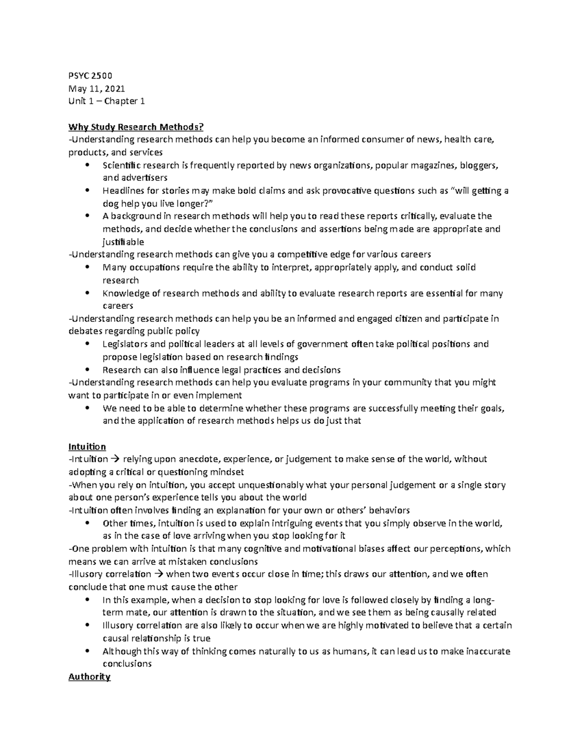 Unit 1 Intro Research Methods textbook notes - PSYC 2500 May 11, 2021 ...