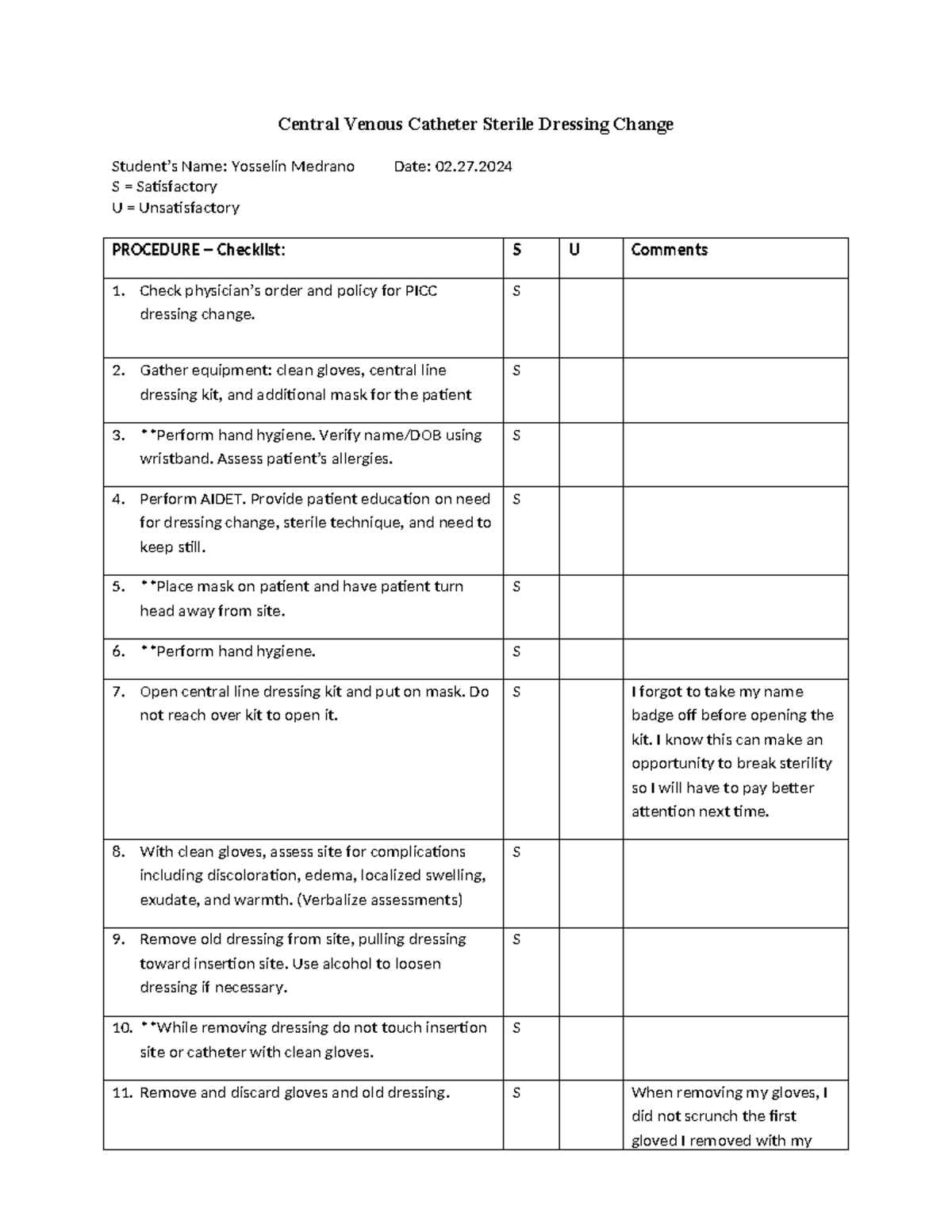 PICC Dressing Change Checklist - Central Venous Catheter Sterile ...