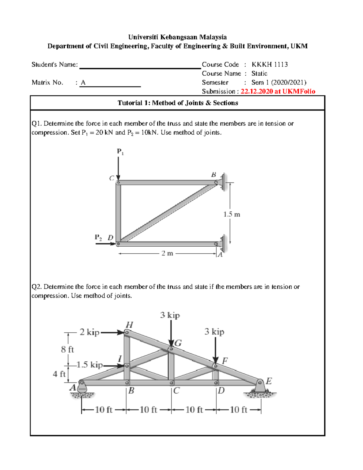Tutorial 1 - Method of Joints Sections (Assignment 1) - Student's Name ...