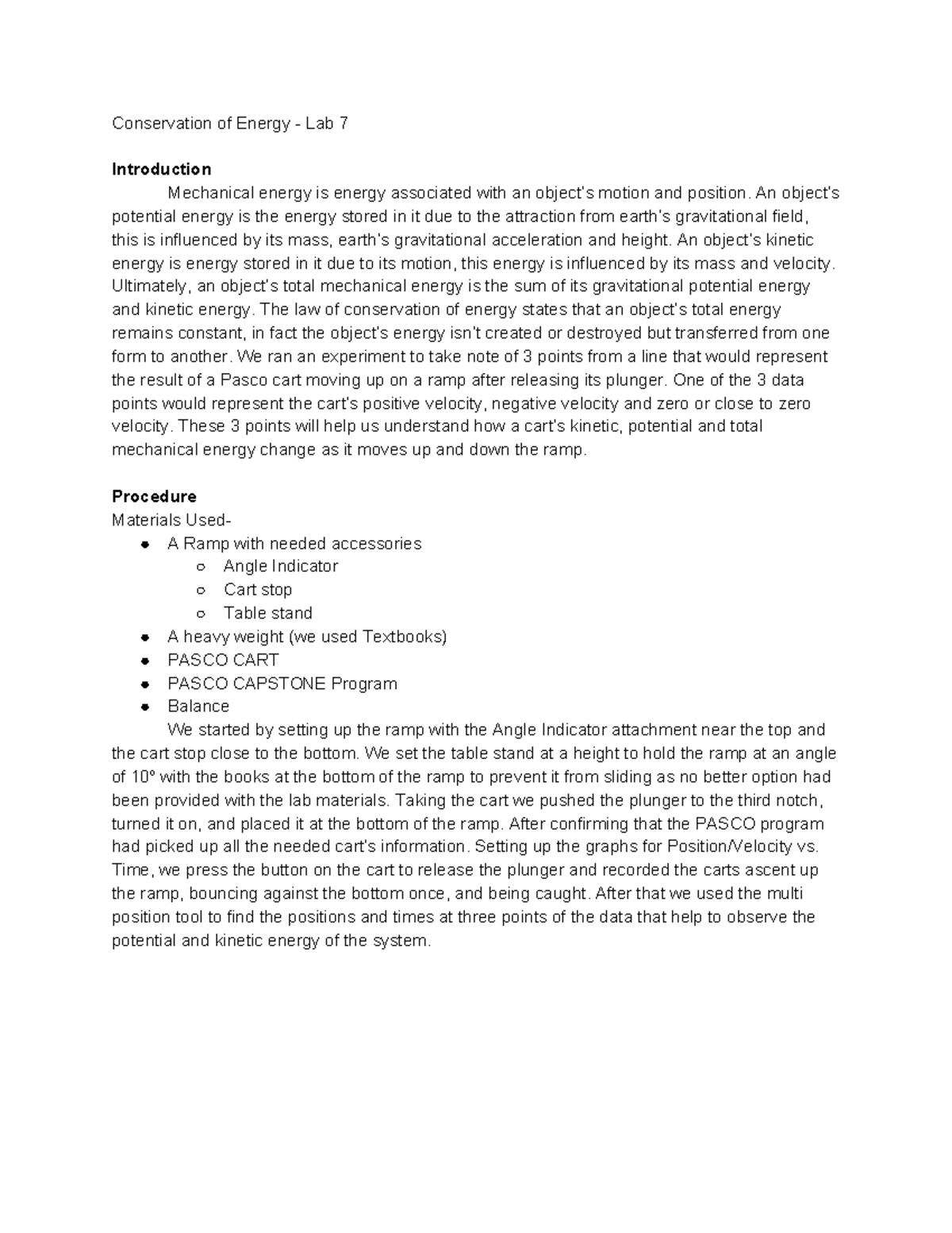 Conservation of Energy Lab - An object’s potential energy is the energy ...