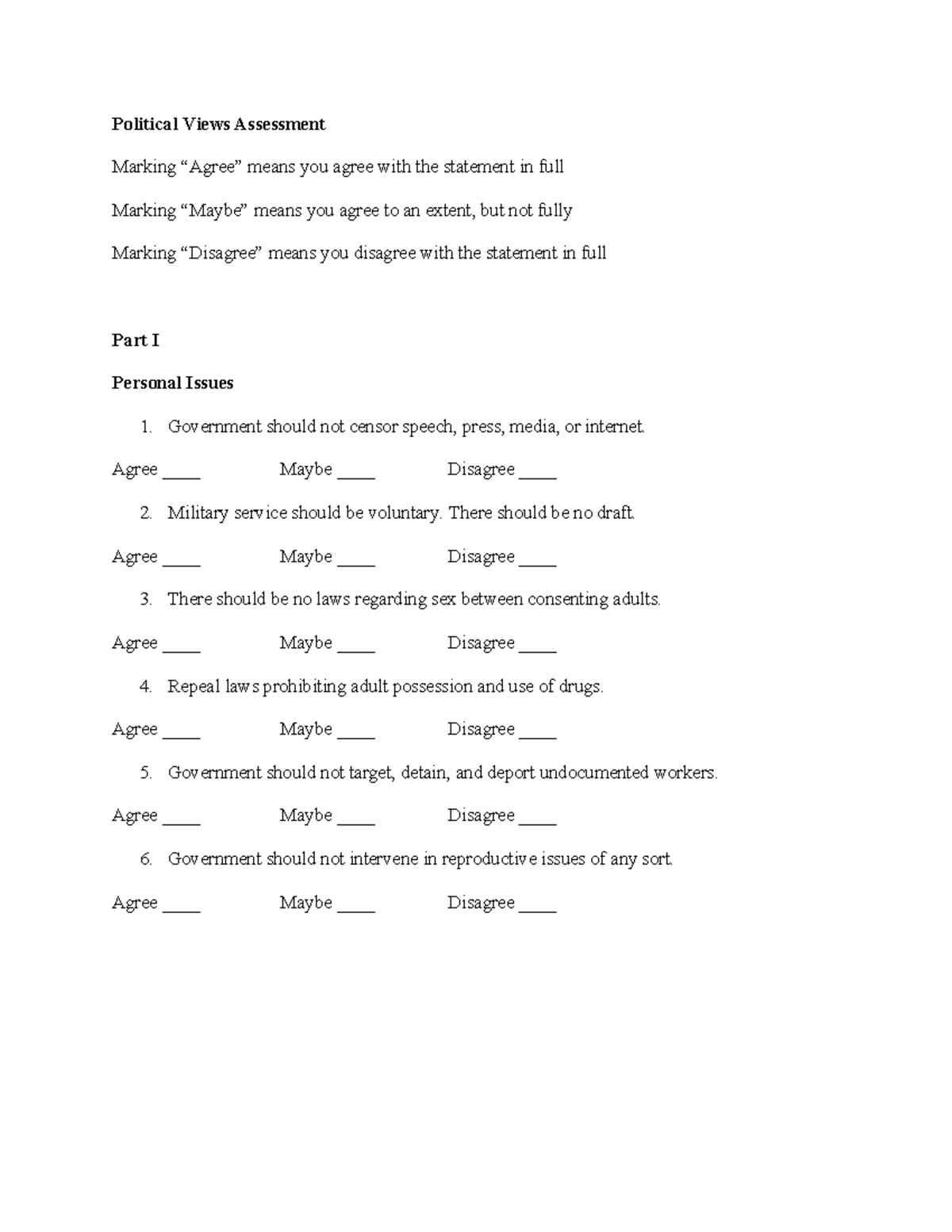 Week One ps 1100 political views quiz - Political Views Assessment ...