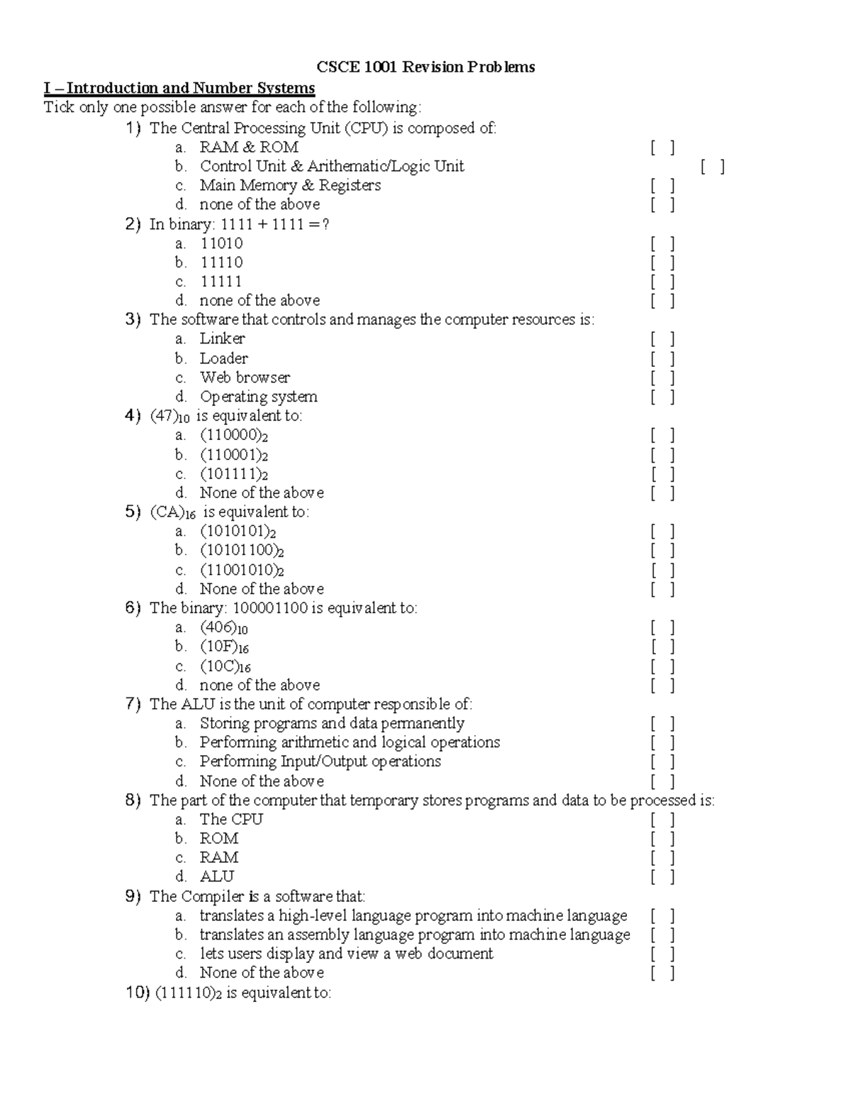 Revision Problems Practice For Midterm 2 Csce 1001 Revision Problems I Introduction And