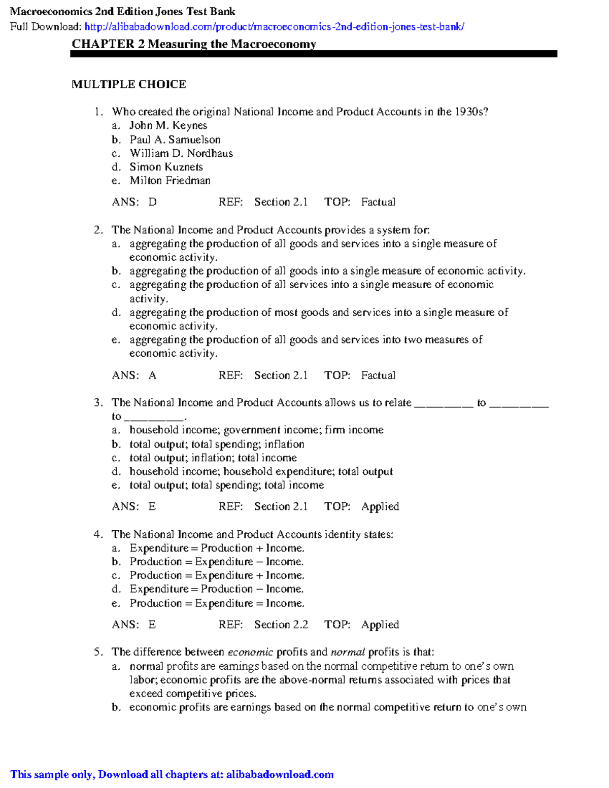 Macroeconomics 2nd edition jones test bank - CHAPTER 2 Measuring the ...