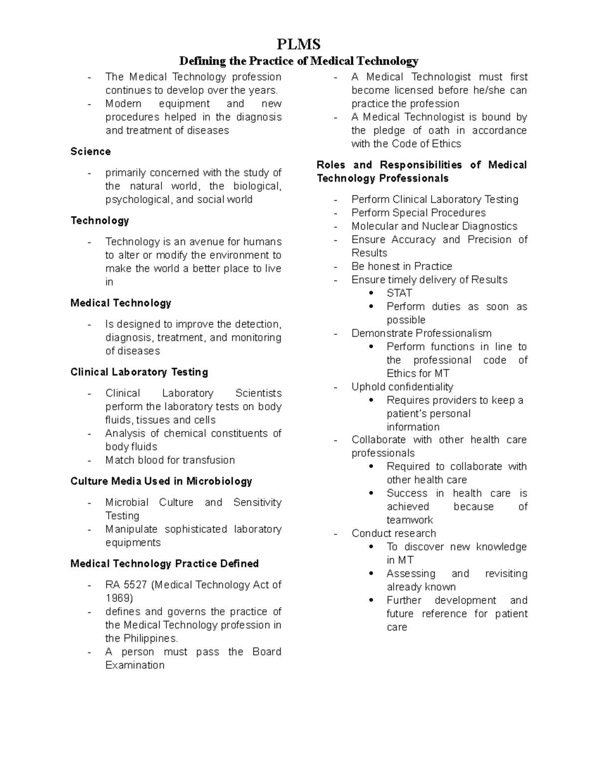 PMLS 2 prelim notes - PLMS Defining the Practice of Medical Technology ...