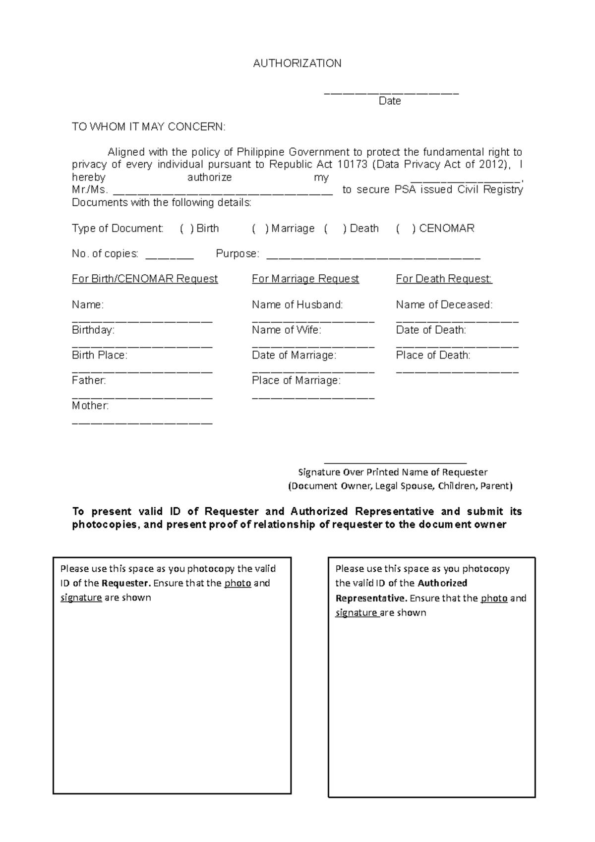 Authorization format new - AUTHORIZATION ______________________ Date TO ...