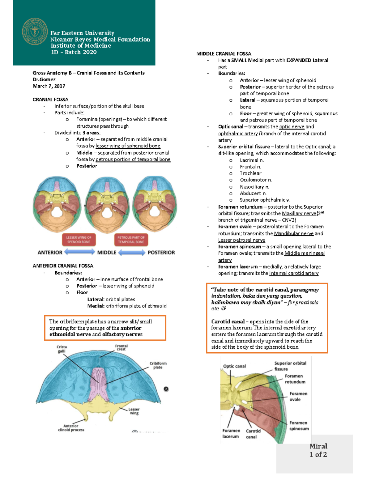 Gross - Cranial Fossa and its contents FEU NRMF Far Eastern University ...
