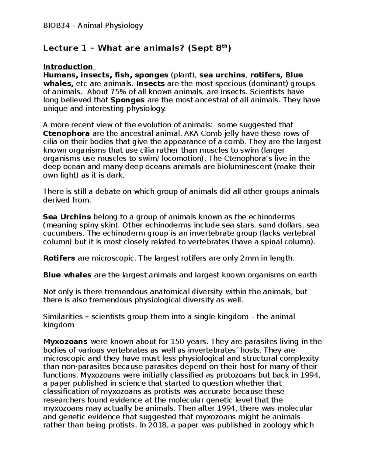 BIOB34- Lecture 1 - notes - Lecture 1 – What are animals? (Sept 8th ...