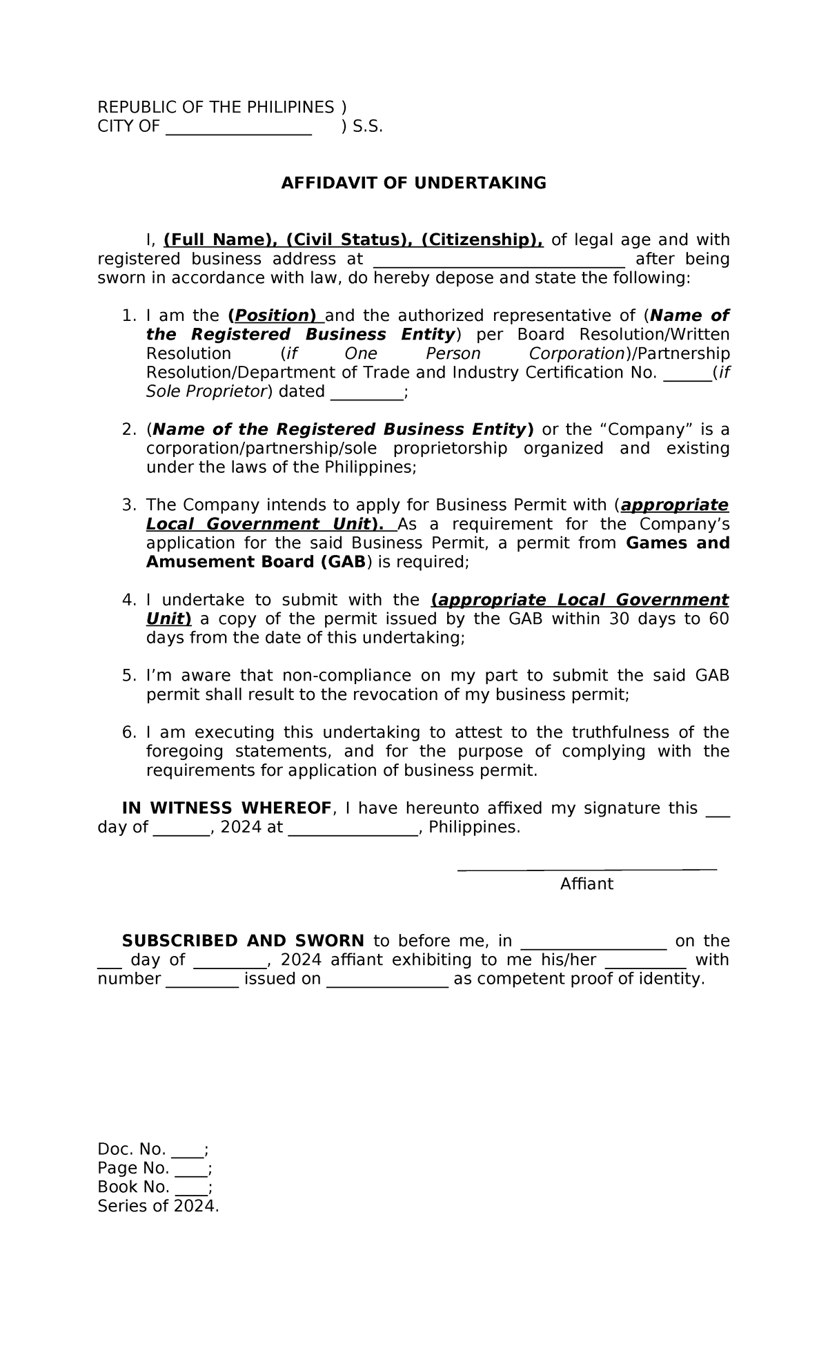 Sample Affidavit of Undertaking - REPUBLIC OF THE PHILIPINES ) CITY OF