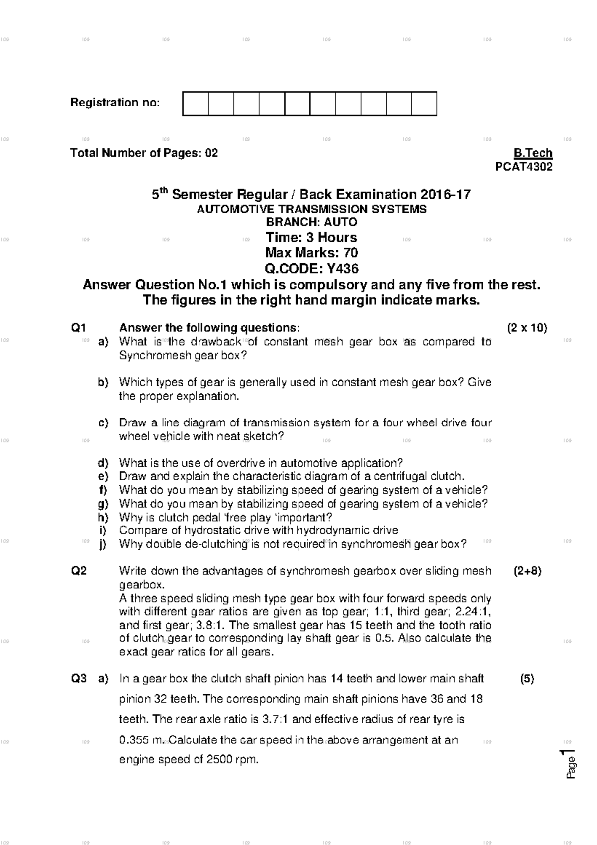 Automotive Transmission Systems - Registration no: Total Number of Pages: Q1 Answer Question No ...