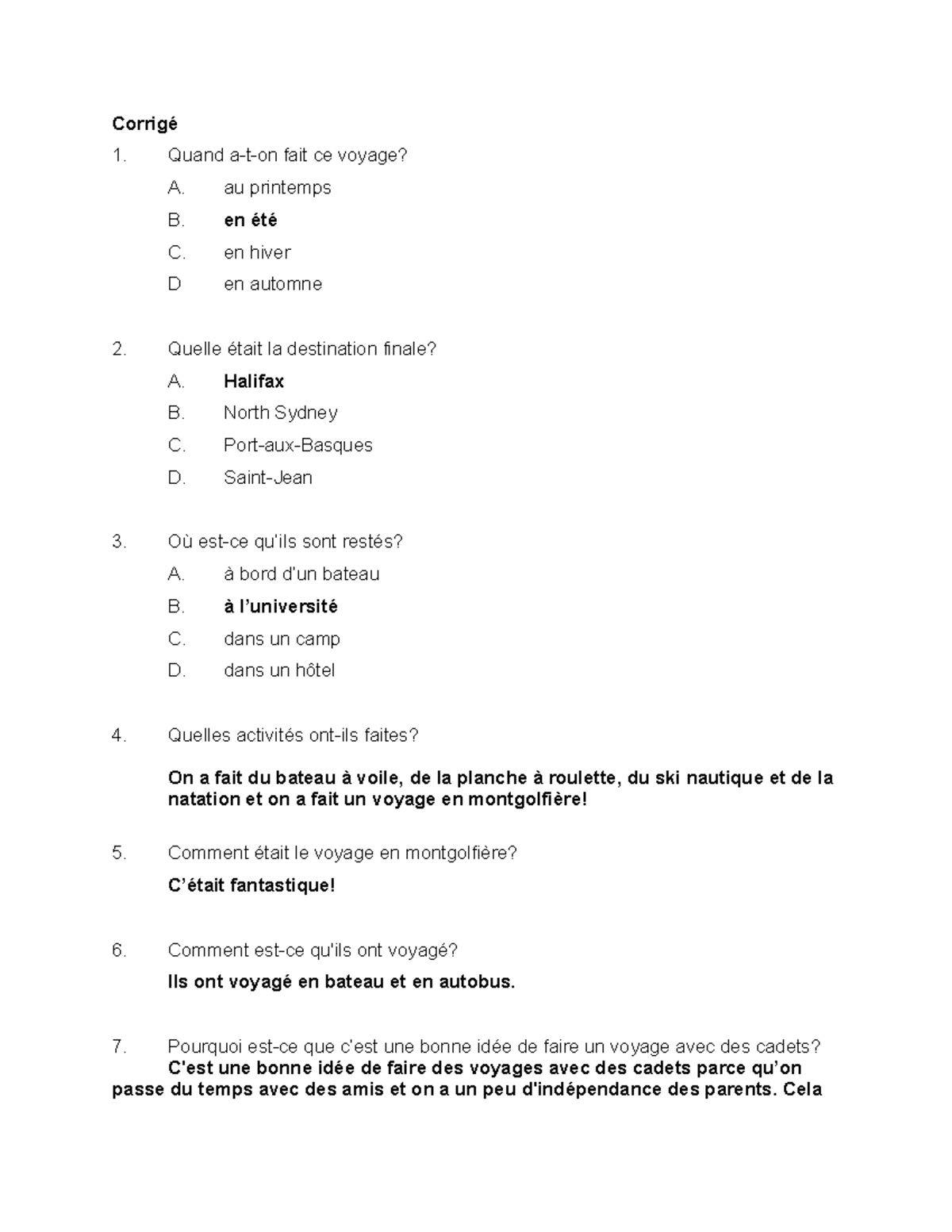 Corrigé le voyage - Corrige du comprehension ecrite - Corrigé Quand a-t ...
