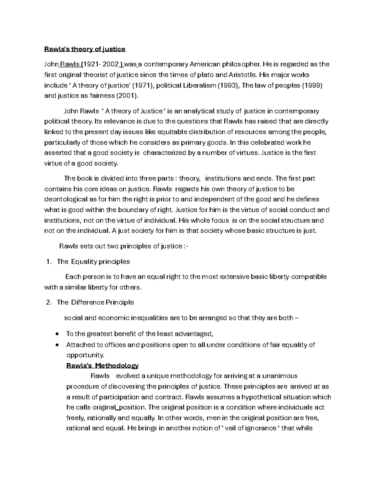 Justice as fairness (John Rawl's theory of justice ) - Rawls's theory ...