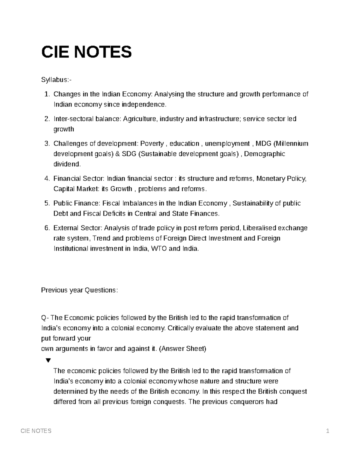 CIE Notes - Contemporary Indian Economy - CIE NOTES Syllabus:- Changes ...