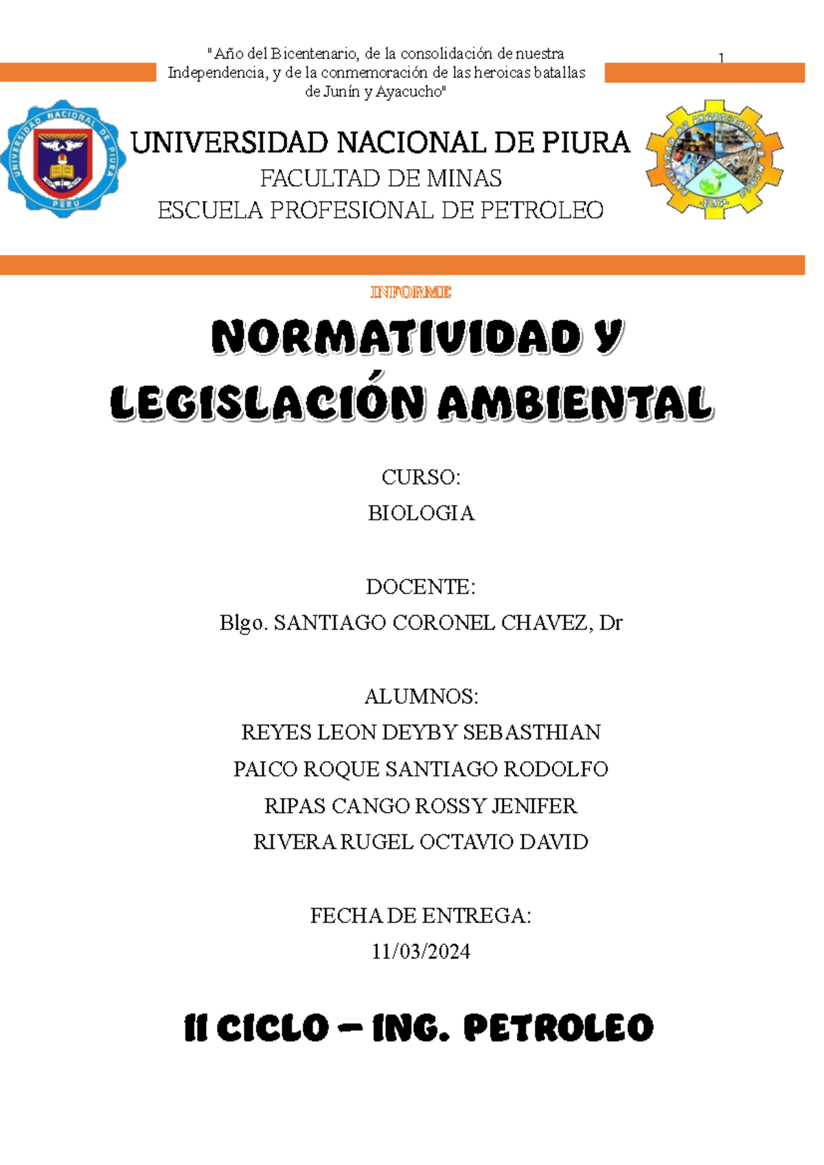 Legislacion ambiental en el Peru - 1 CURSO: BIOLOGIA DOCENTE: Blgo ...