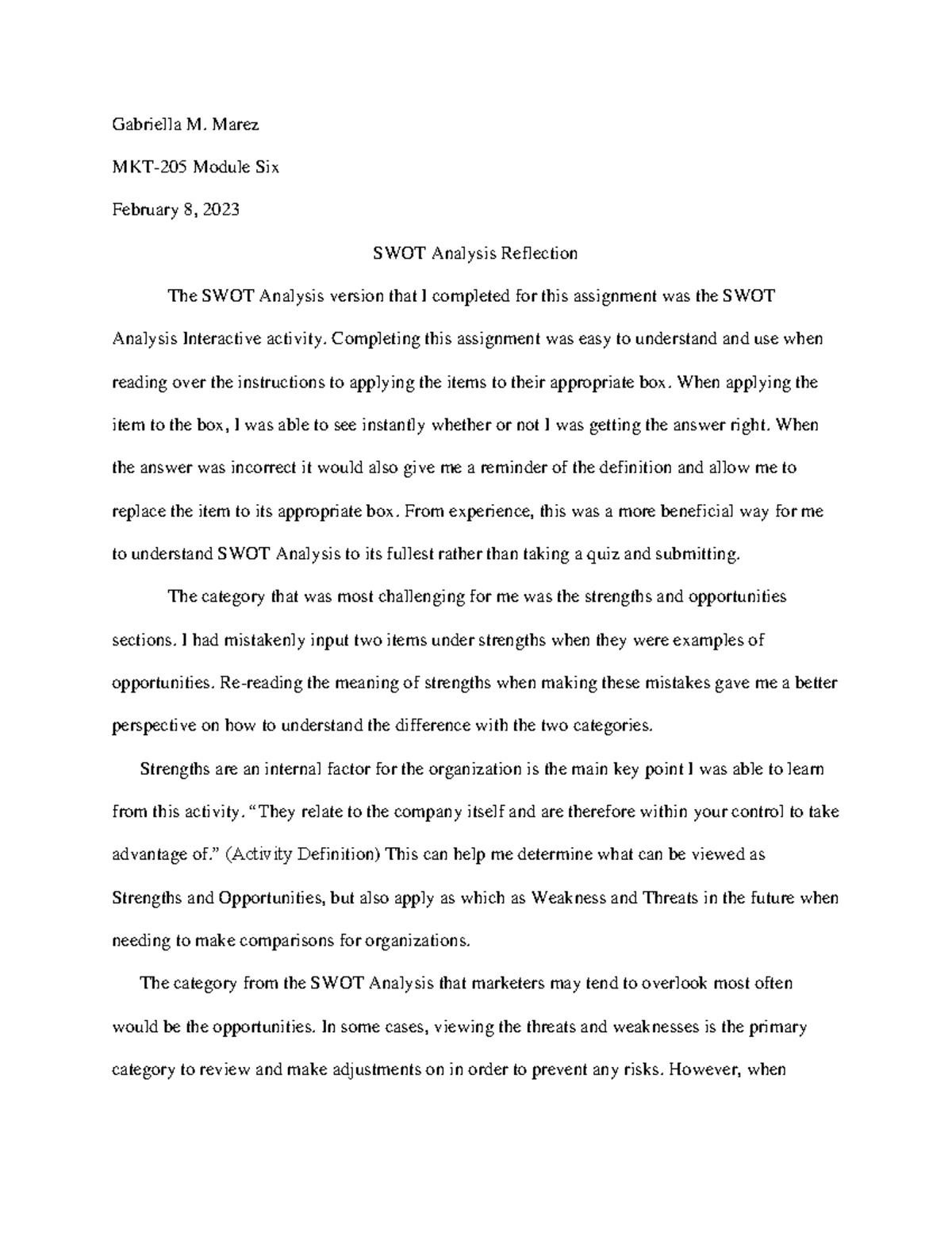 MKT-205 SWOT Analysis Reflection - Gabriella M. Marez MKT-205 Module ...