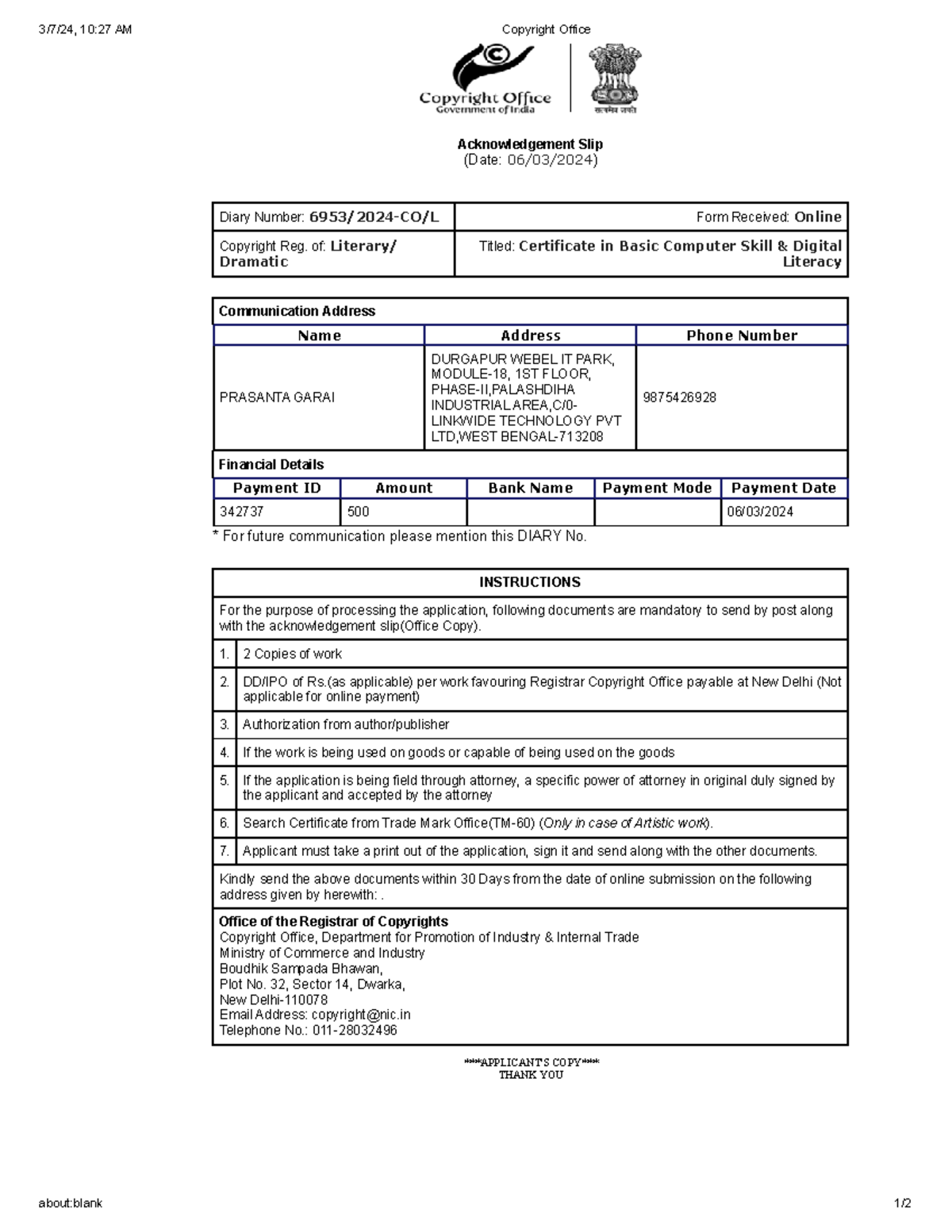 Copyright Office - sss - 3/7/24, 10:27 AM Copyright Office about:blank ...