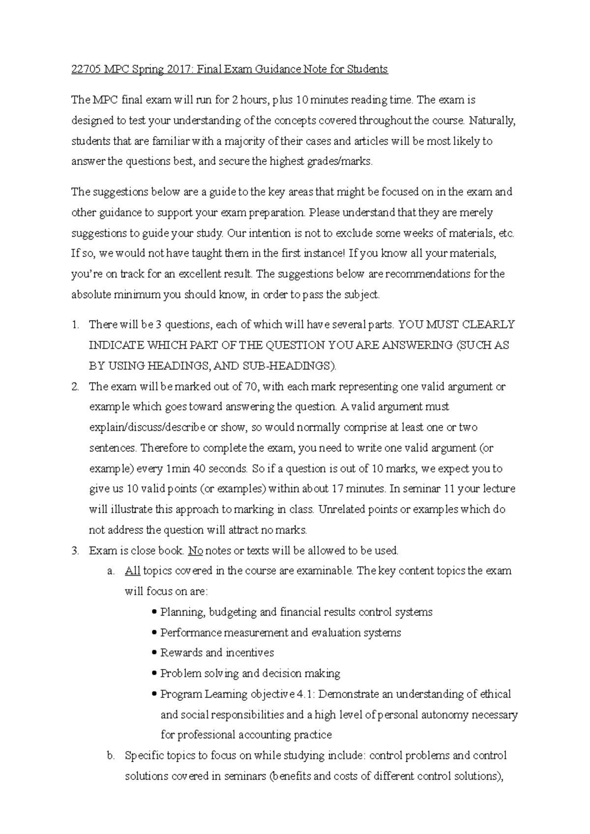 Final Exam Guidance Note for Students - The exam is designed to test ...