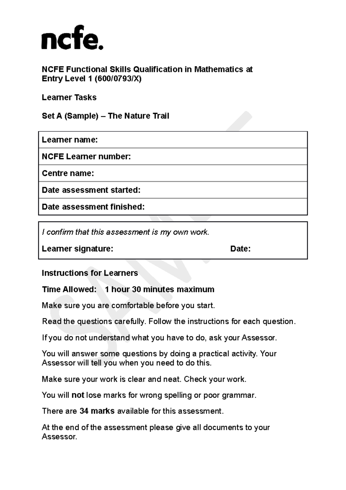 Set A (Sample) Tasks Mathematics Entry Level 1 - NCFE Functional Skills ...