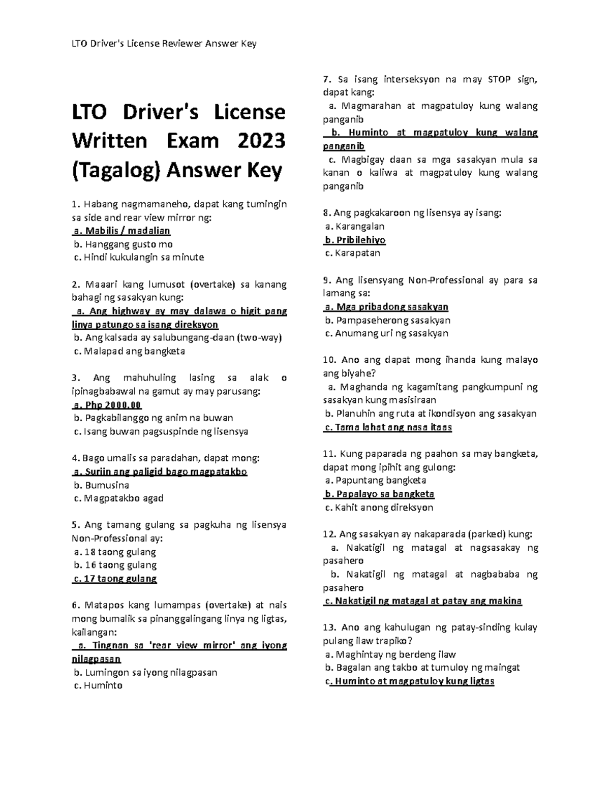 LTO-Drivers-License-Written-Exam-2023-Tagalog-Answer-Key - LTO Driver's ...