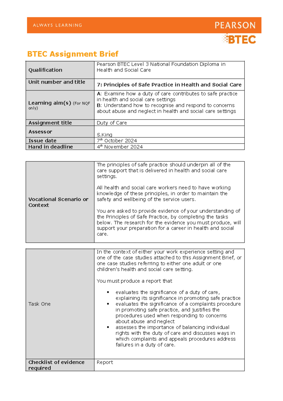 2024 ass brief learning aim AB with case studies - BTEC Assignment Brief Qualification Pearson ...