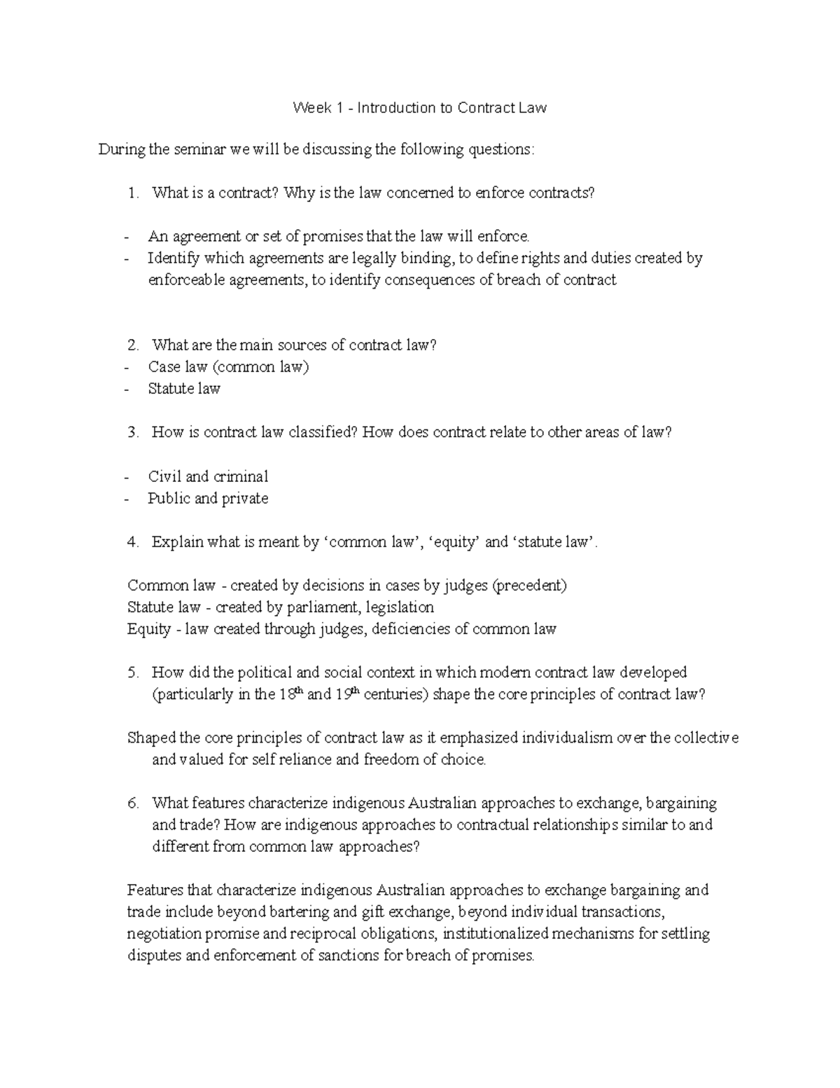 Week 1 - Introduction to Contract Law - What is a contract? Why is the ...