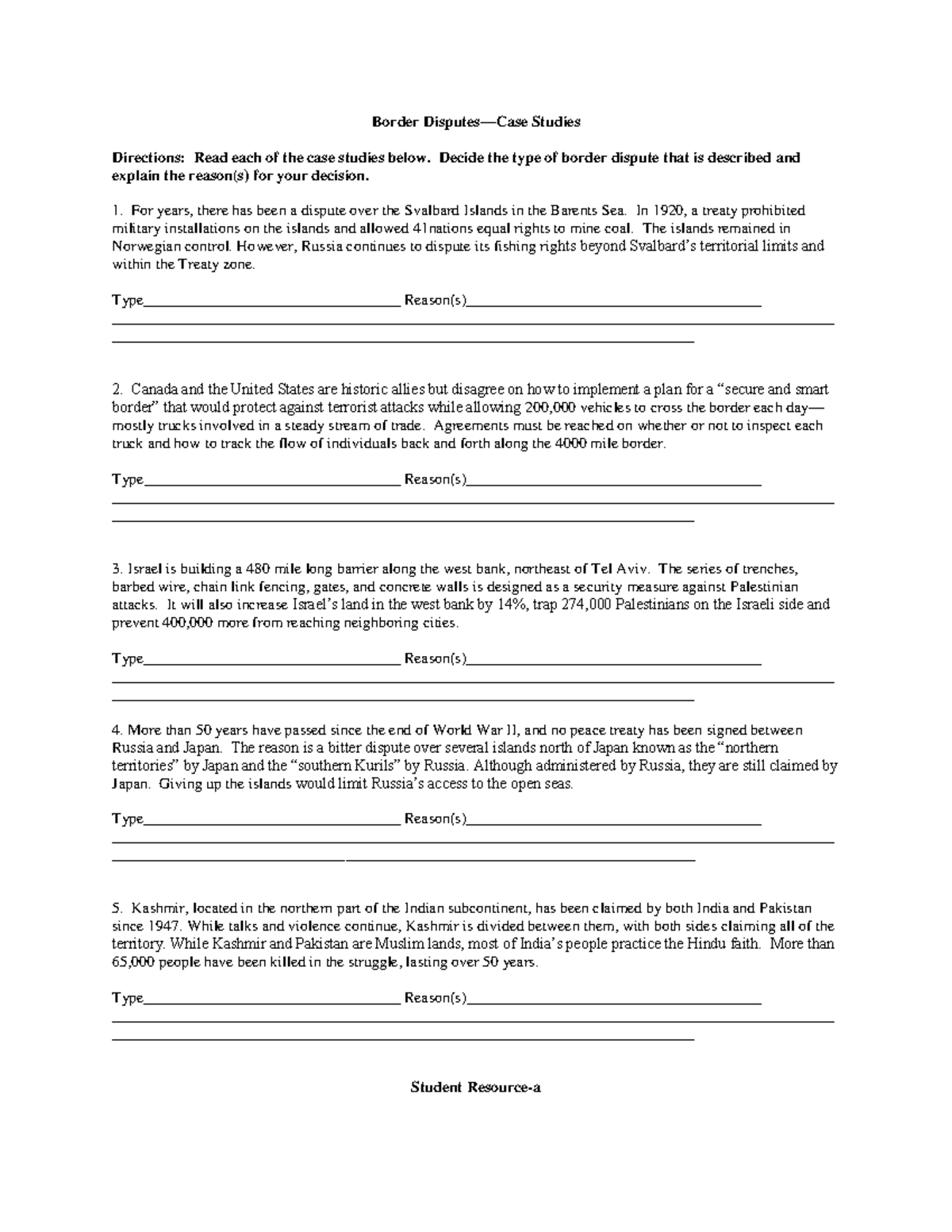 Border disputes - Border Disputes—Case Studies Directions: Read each of ...