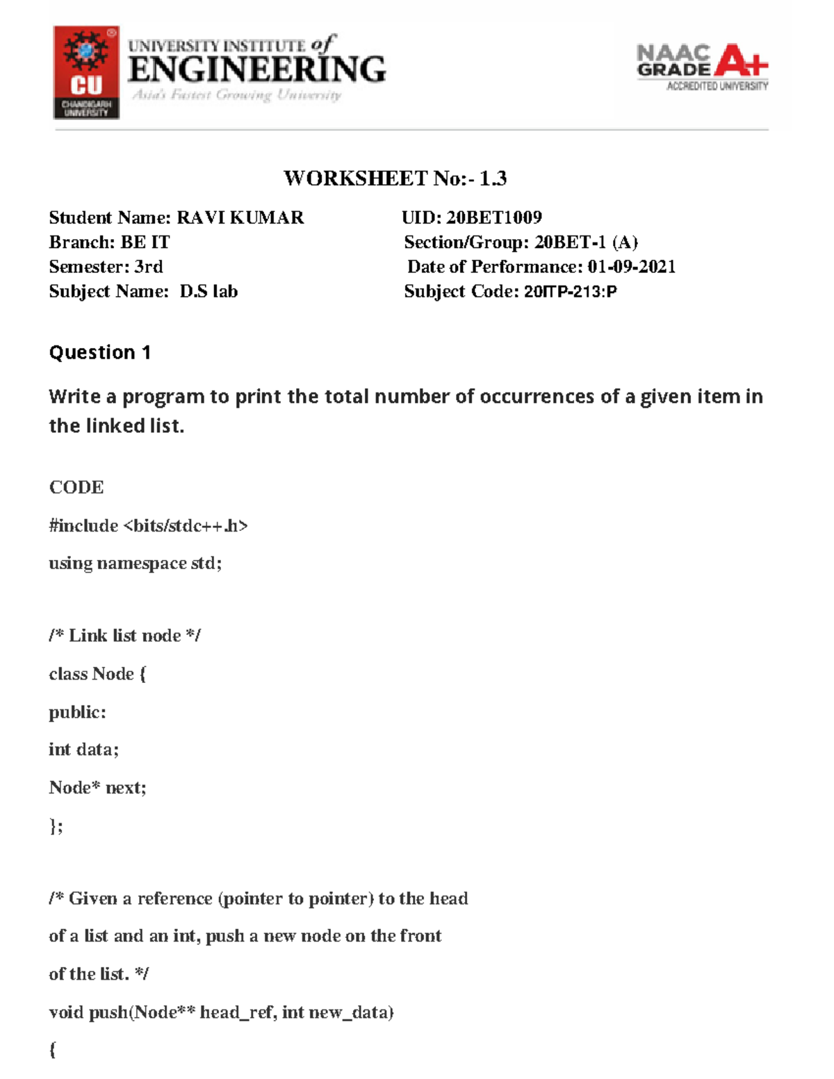 Worksheet 1.3 Qn 1 - Data Structure lab practical - WORKSHEET No:- 1 ...