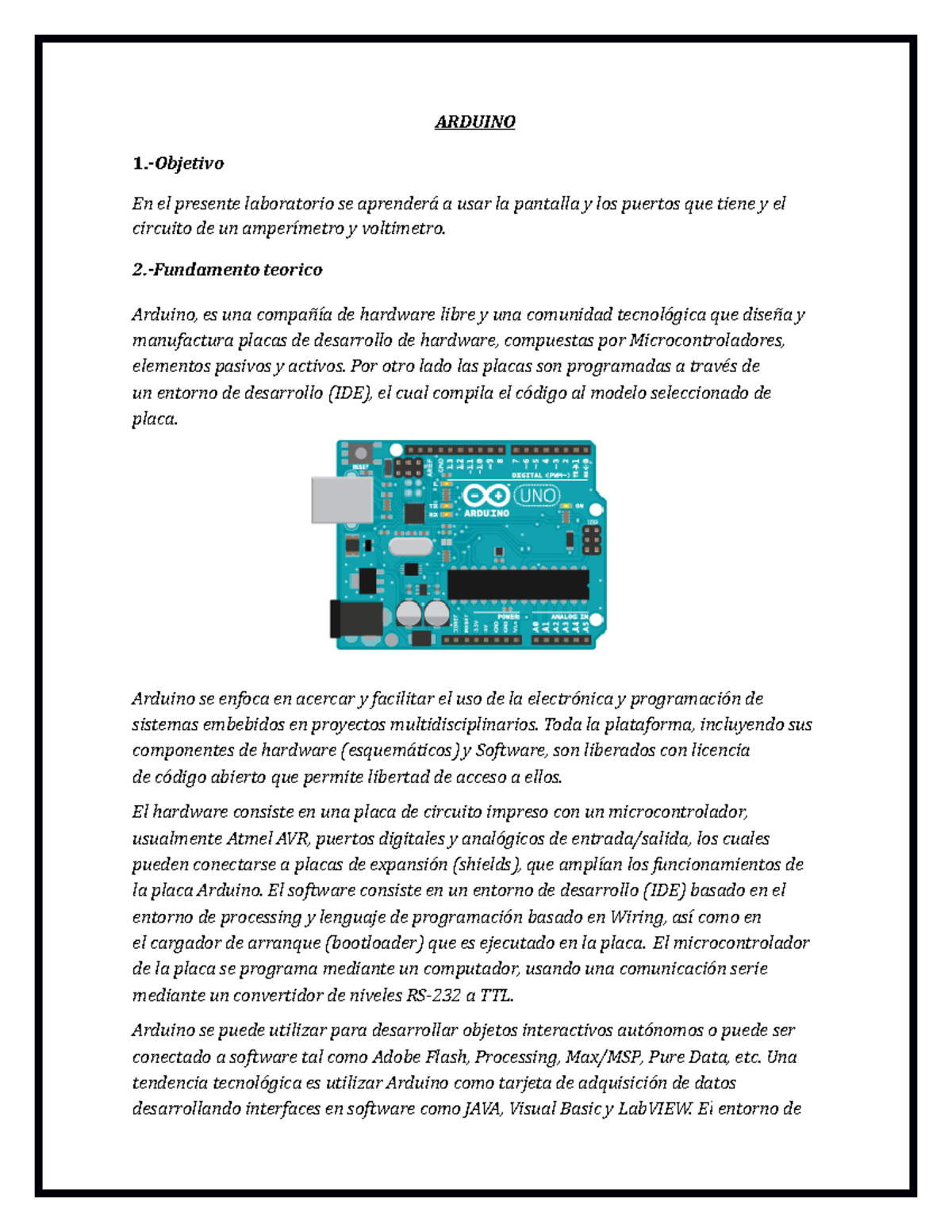 Arduino - Nota: 8 - ARDUINO 1.-Objetivo En el presente laboratorio se ...
