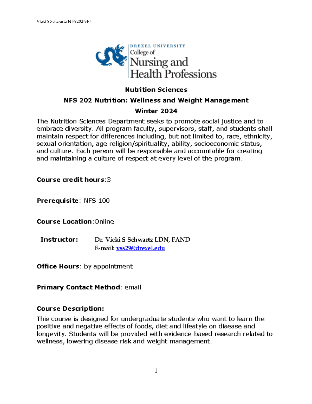 NFS 202 Syllabus - Nutrition Sciences NFS 202 Nutrition: Wellness and ...