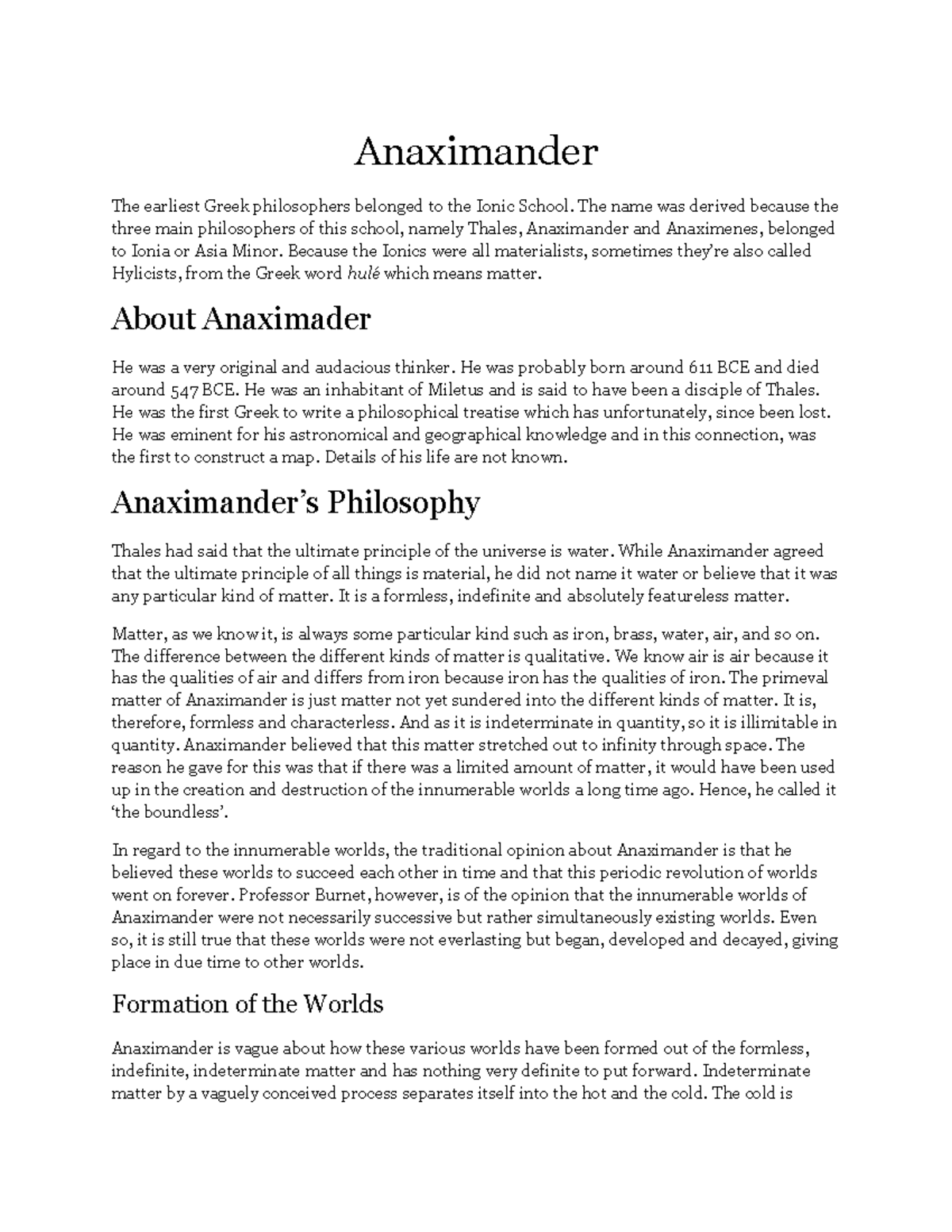 Anaximander - Summary A Critical History of Greek Philosophy ...
