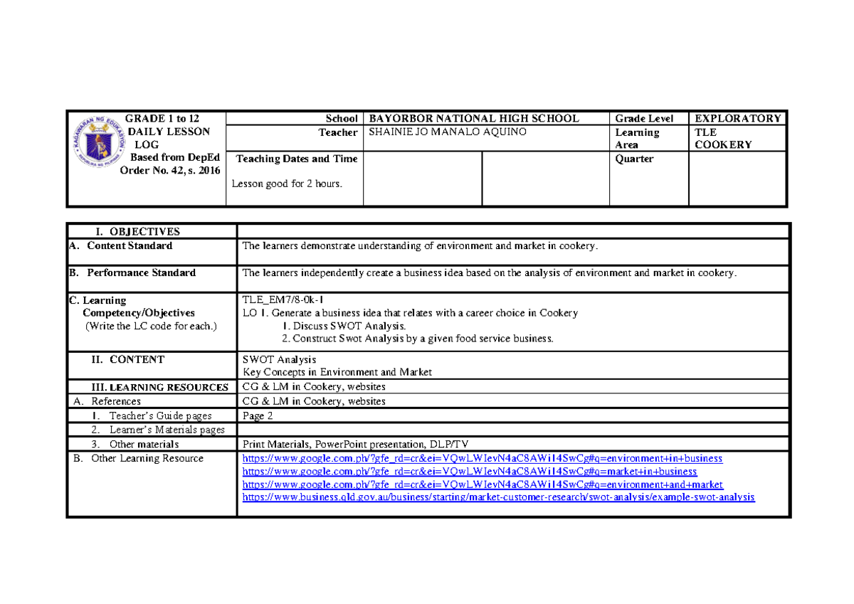 DLL Cookery Bayorbor NHS - Exploratory - GRADE 1 to 12 DAILY LESSON LOG ...