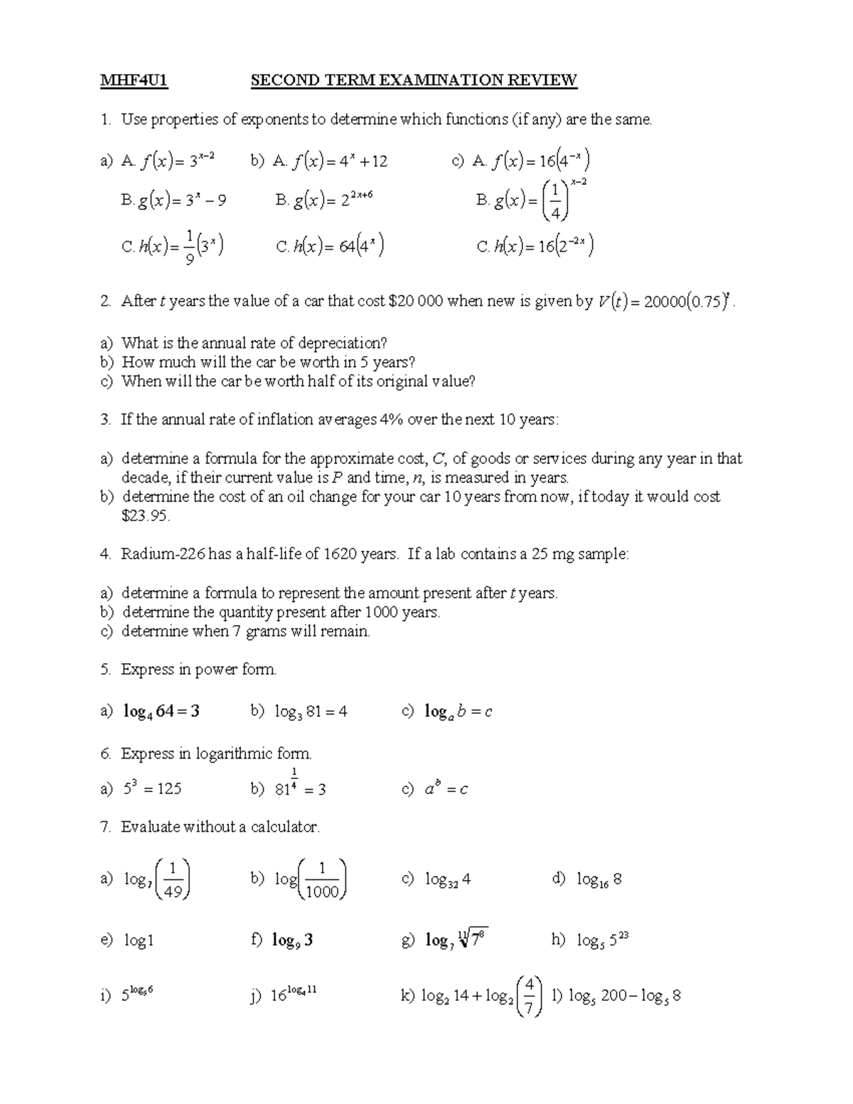 Units 4-6 - (MHF4U) - MHF4U1 SECOND TERM EXAMINATION REVIEW Use ...