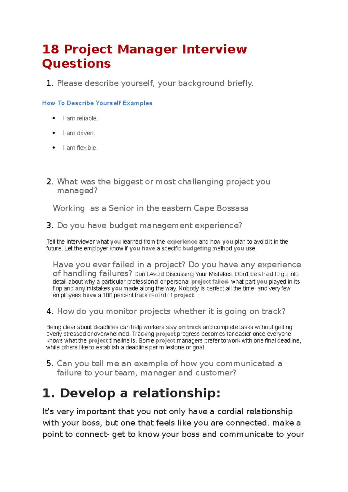 18 Project Manager Interview Questions - Please describe yourself, your ...