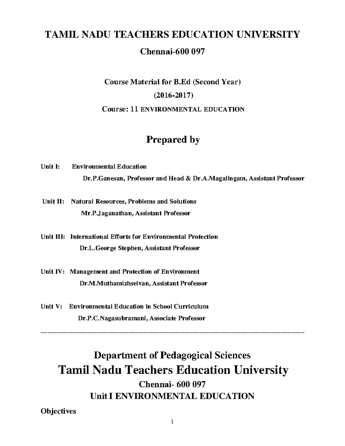 Environmental - P, Professor and Head & Dr.A, Assistant Professor Unit ...