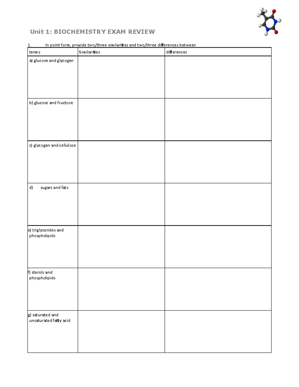 1 Biochemistry Exam Review - In point form, provide two/three ...
